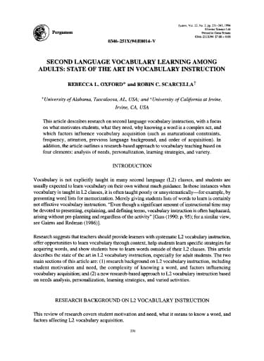 Second language vocabulary learning among adults: State of...