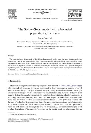 The Solow-Swan model with a bounded population growth rate