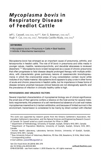 Mycoplasma bovis in respiratory disease of feedlot cattle.